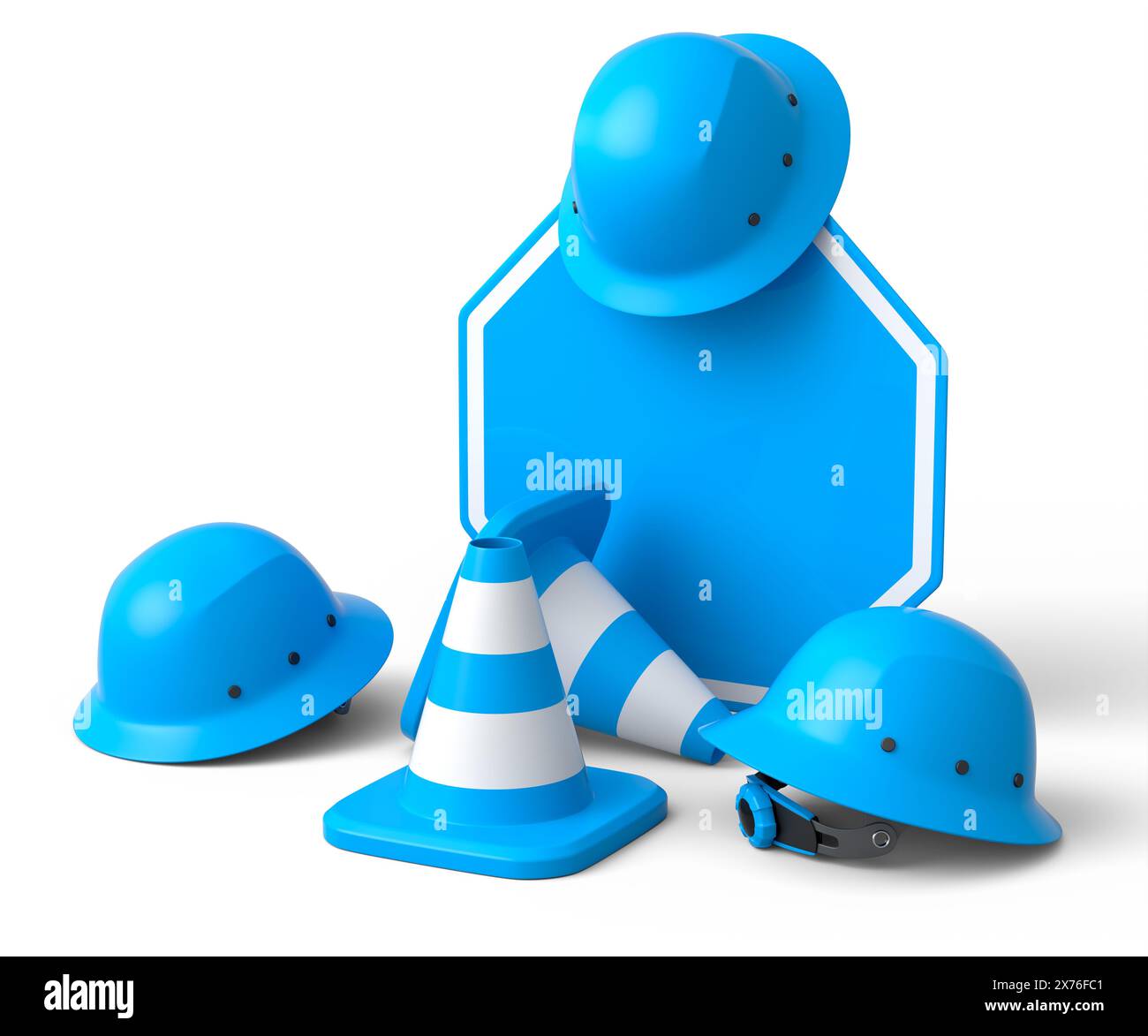 Set of safety helmets or hard hats and traffic cones, road sign for ...