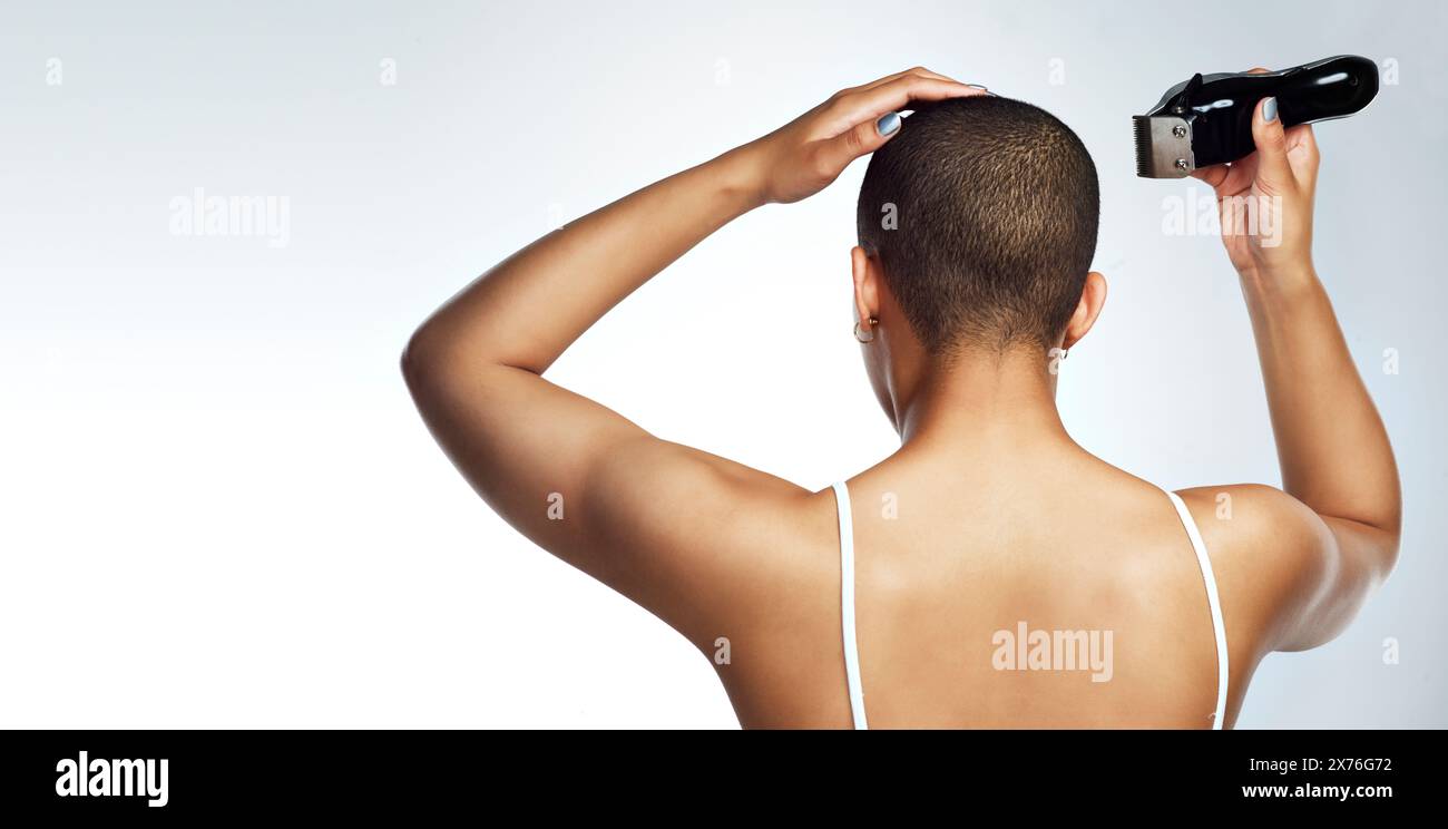 Head, tool and woman shaving hair for cancer treatment, wellness and ...