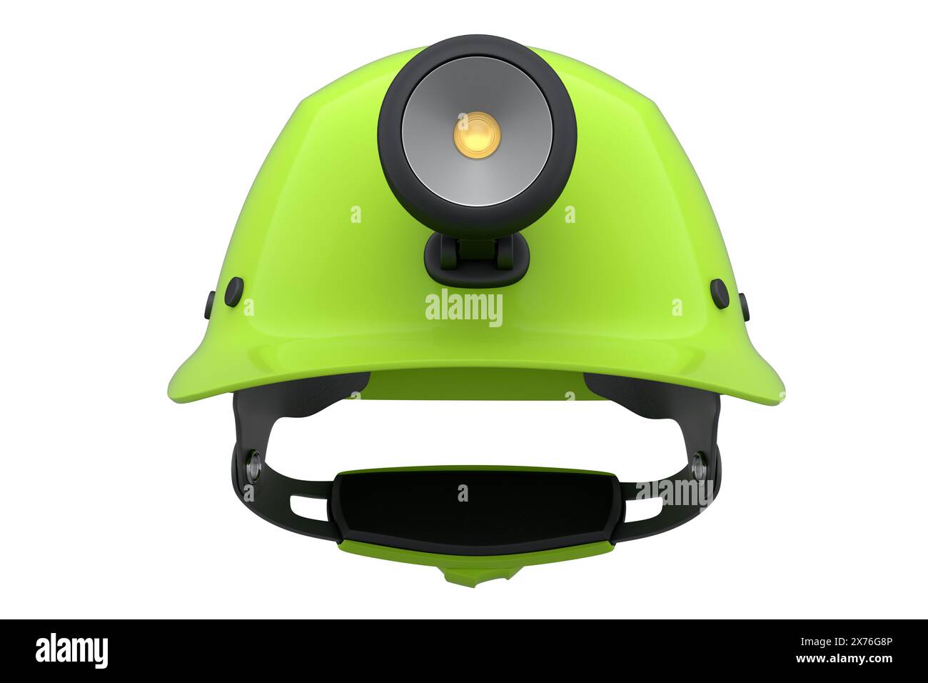 Green safety helmet or hard cap with flashlight isolated on white ...