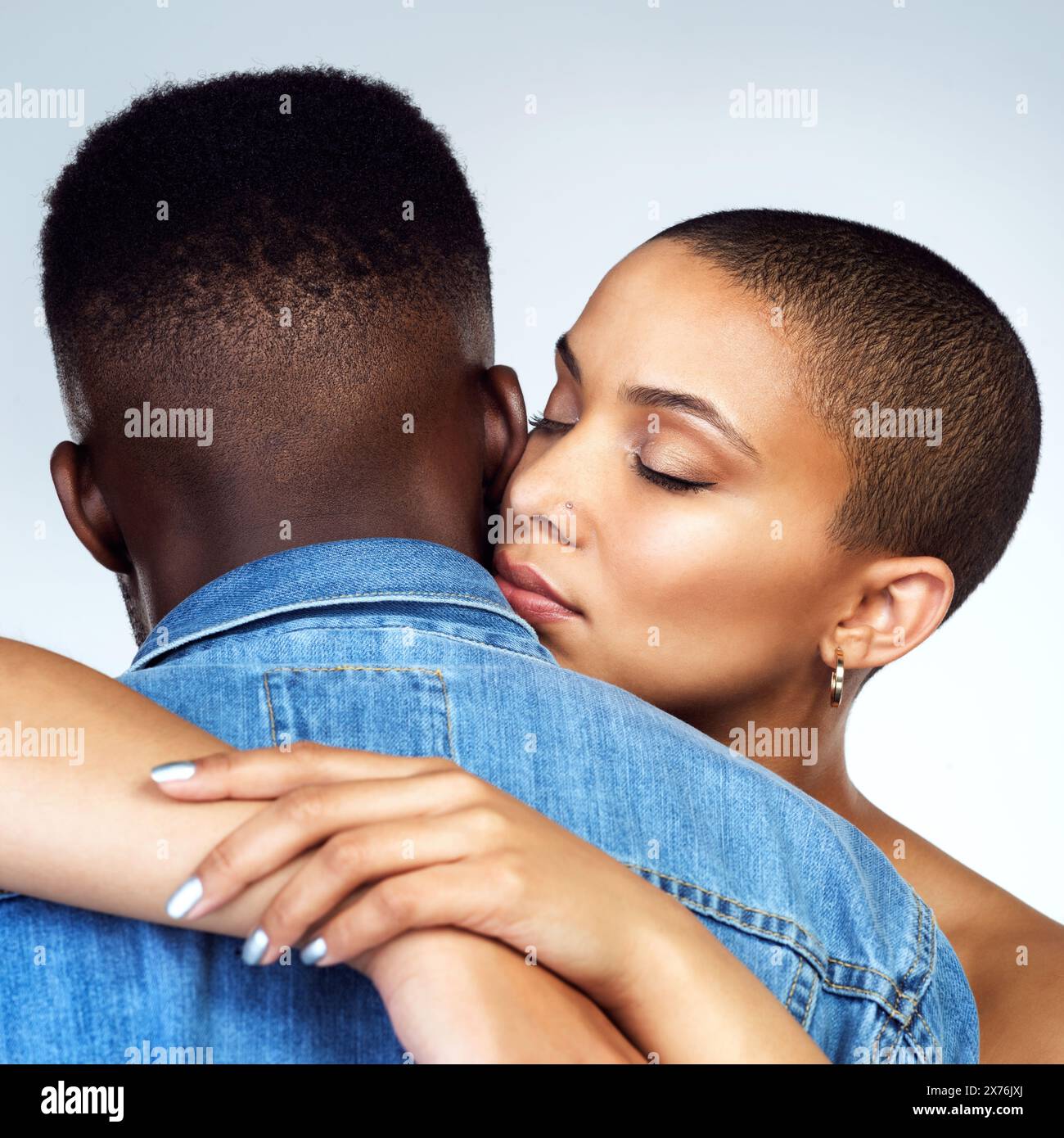 Couple, hug and calm in studio for beauty, cosmetology and dermatology for self care with ...