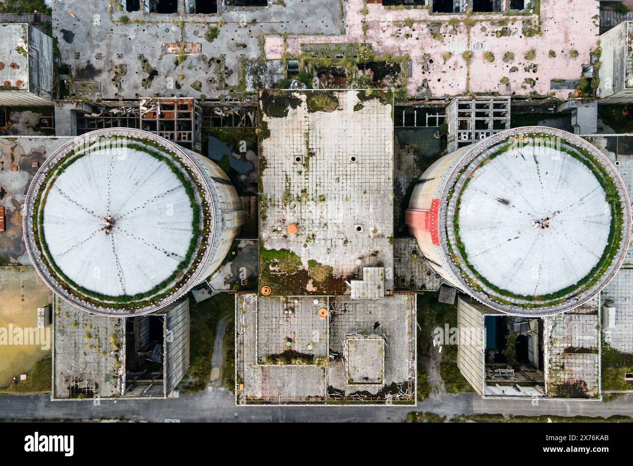 Aerial view from drone of abandoned and ruined Nuclear Power Plant or ...