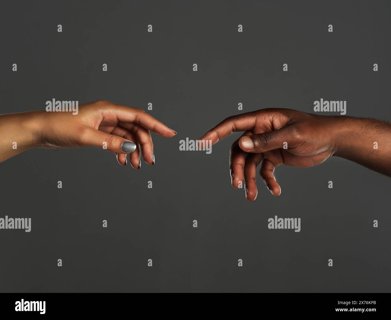 Studio, hands and reach with people for support with creation of adam ...