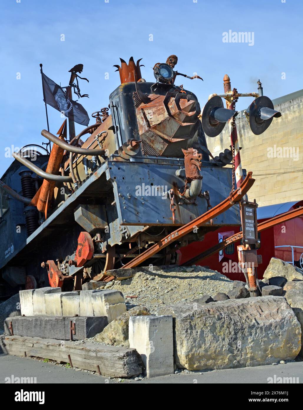 Oamaru, New Zealand - September 19, 2018; Fanciful Train Engine outside ...