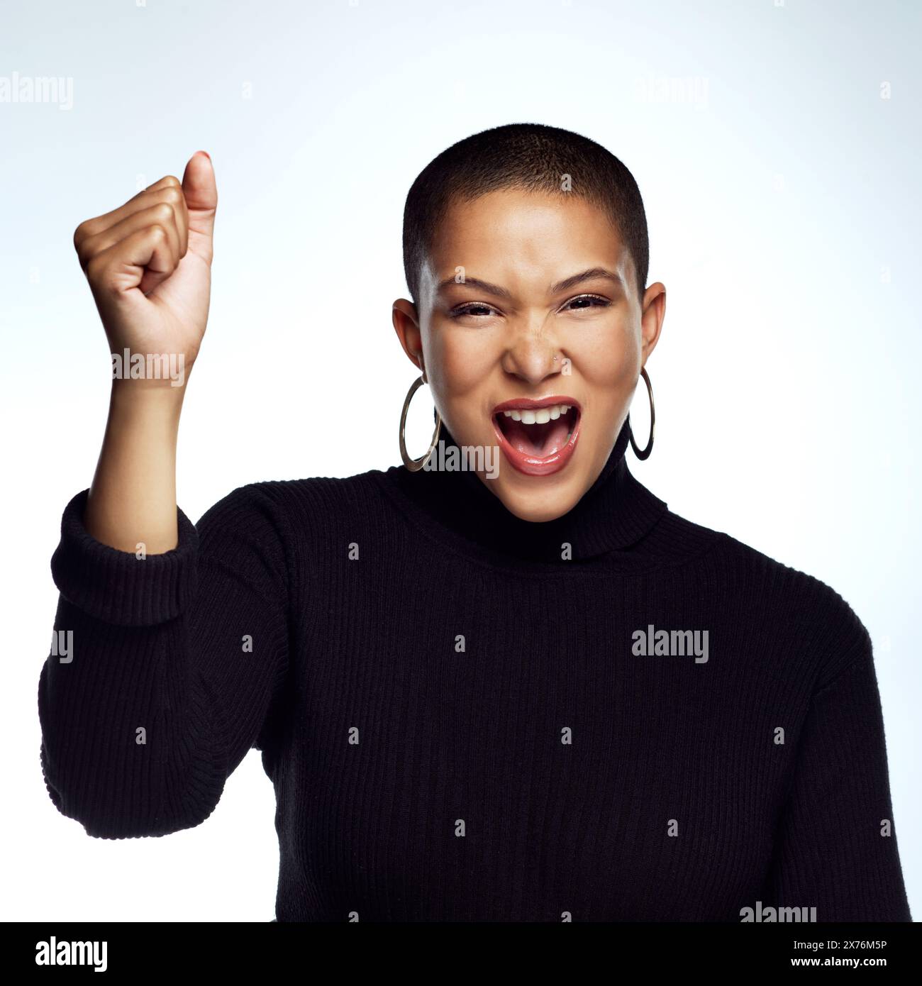 Fist pump, portrait and African woman in studio for achievement ...