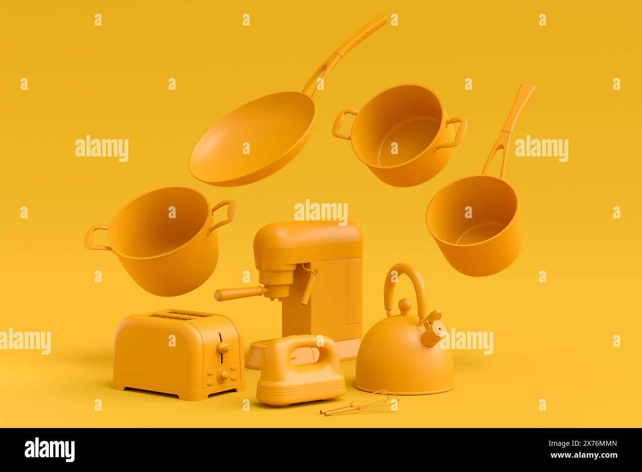 Electric kitchen appliances and utensils for making culinary on yellow ...