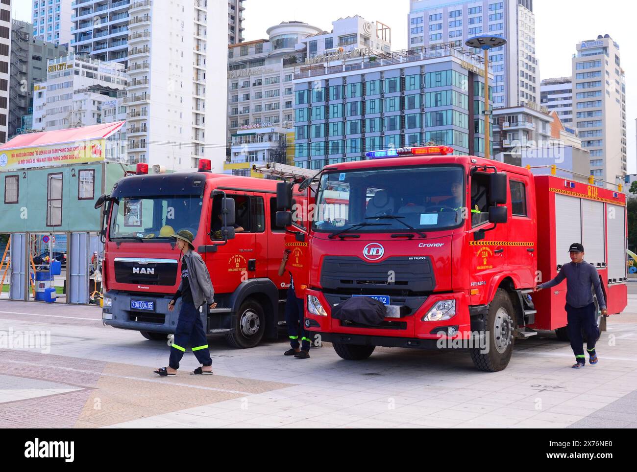 Daily life in Nha Trang, Vietnam, Asia. Fire brigade staff prepare for ...