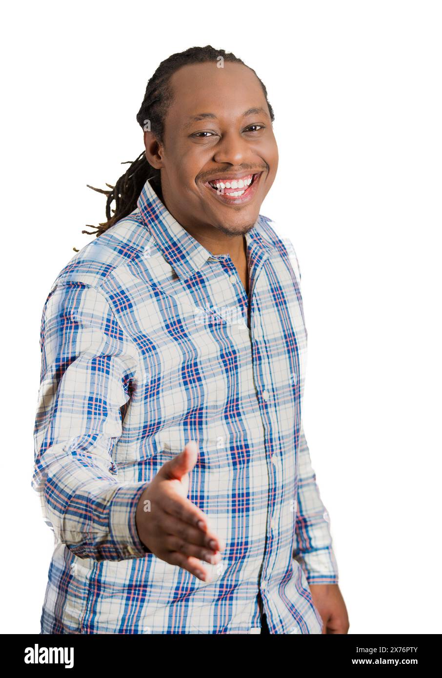 handsome young smiling man giving, extending arm for handshake at ...