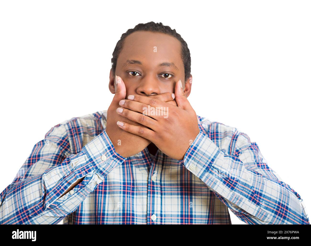 man covering his mouth with hands Stock Photo - Alamy