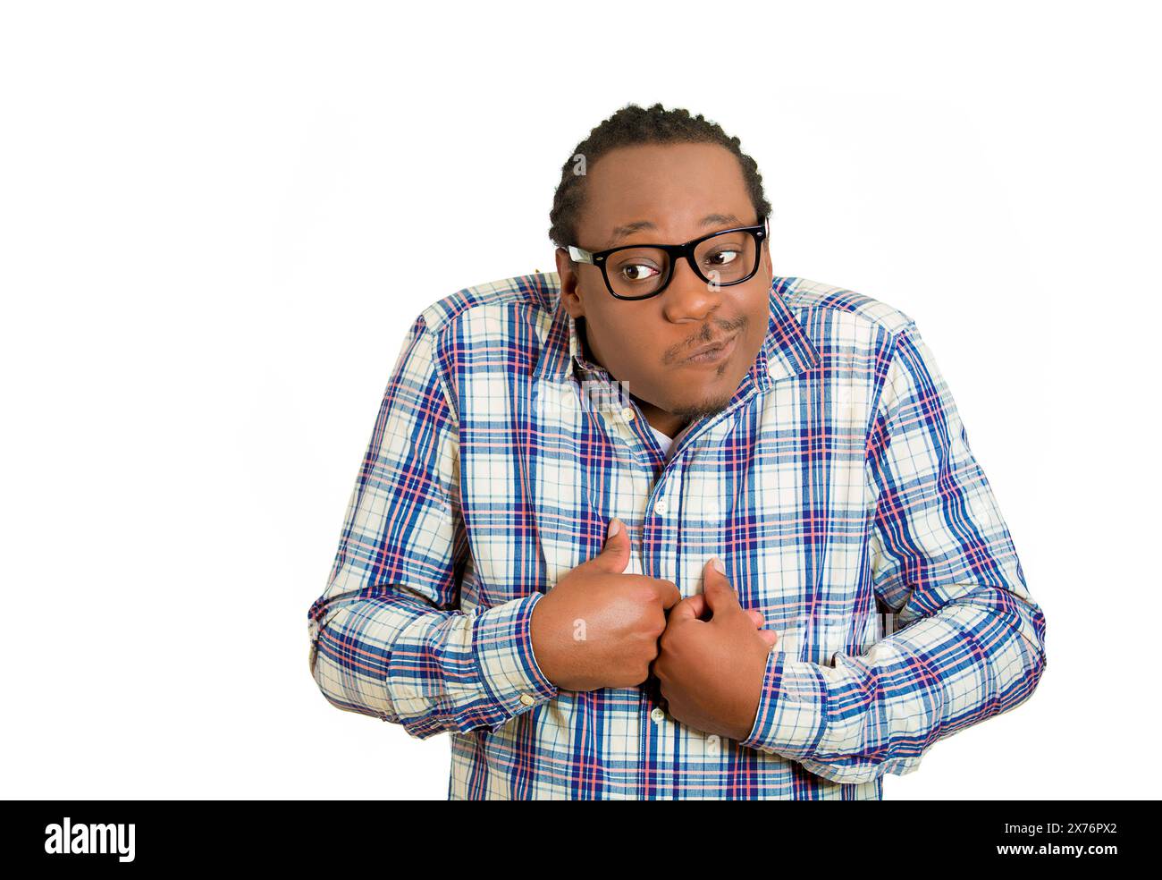 Nervous stressed young man student feels awkward looking sideway ...