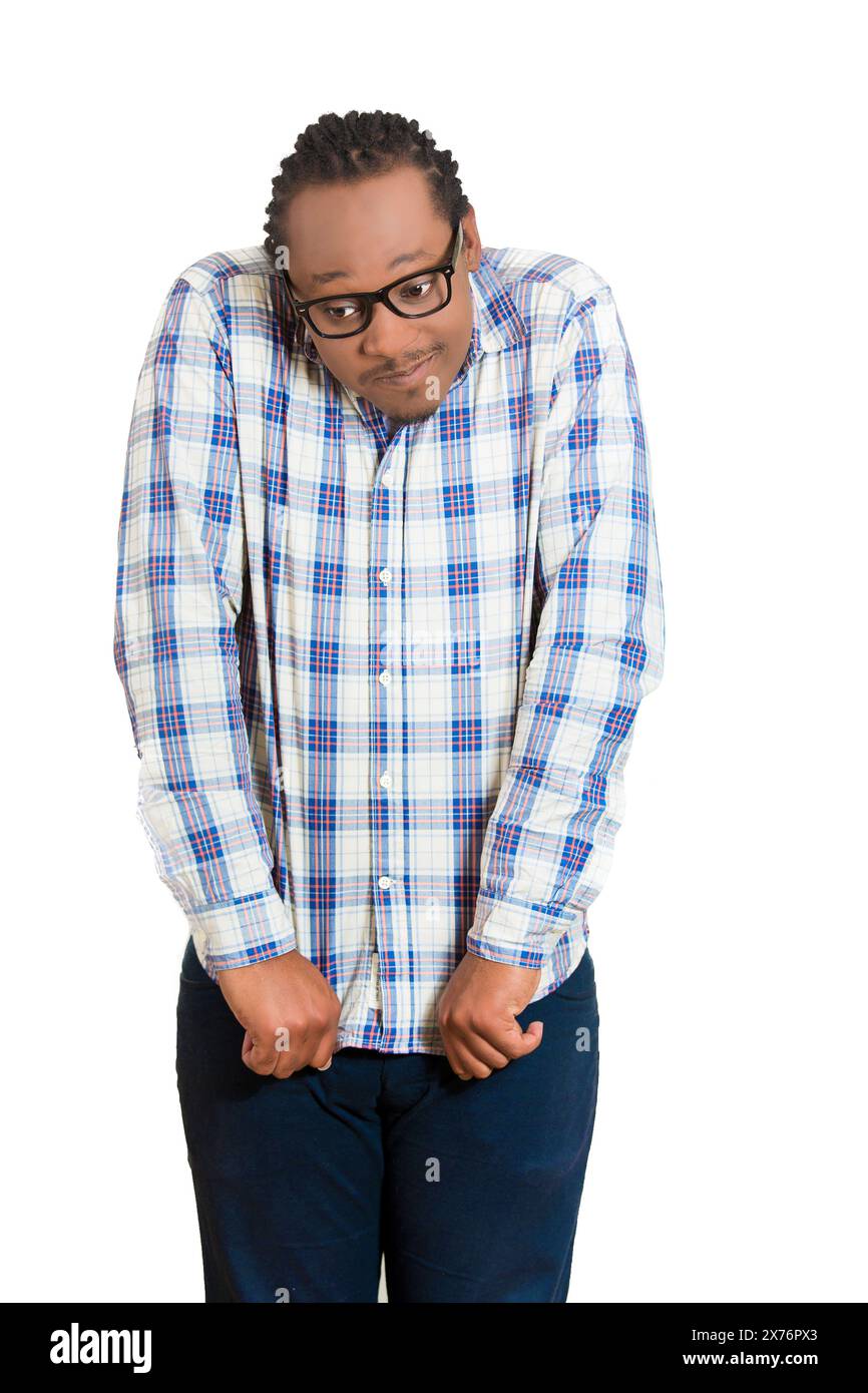 Nervous stressed young man student feels awkward looking sideway ...