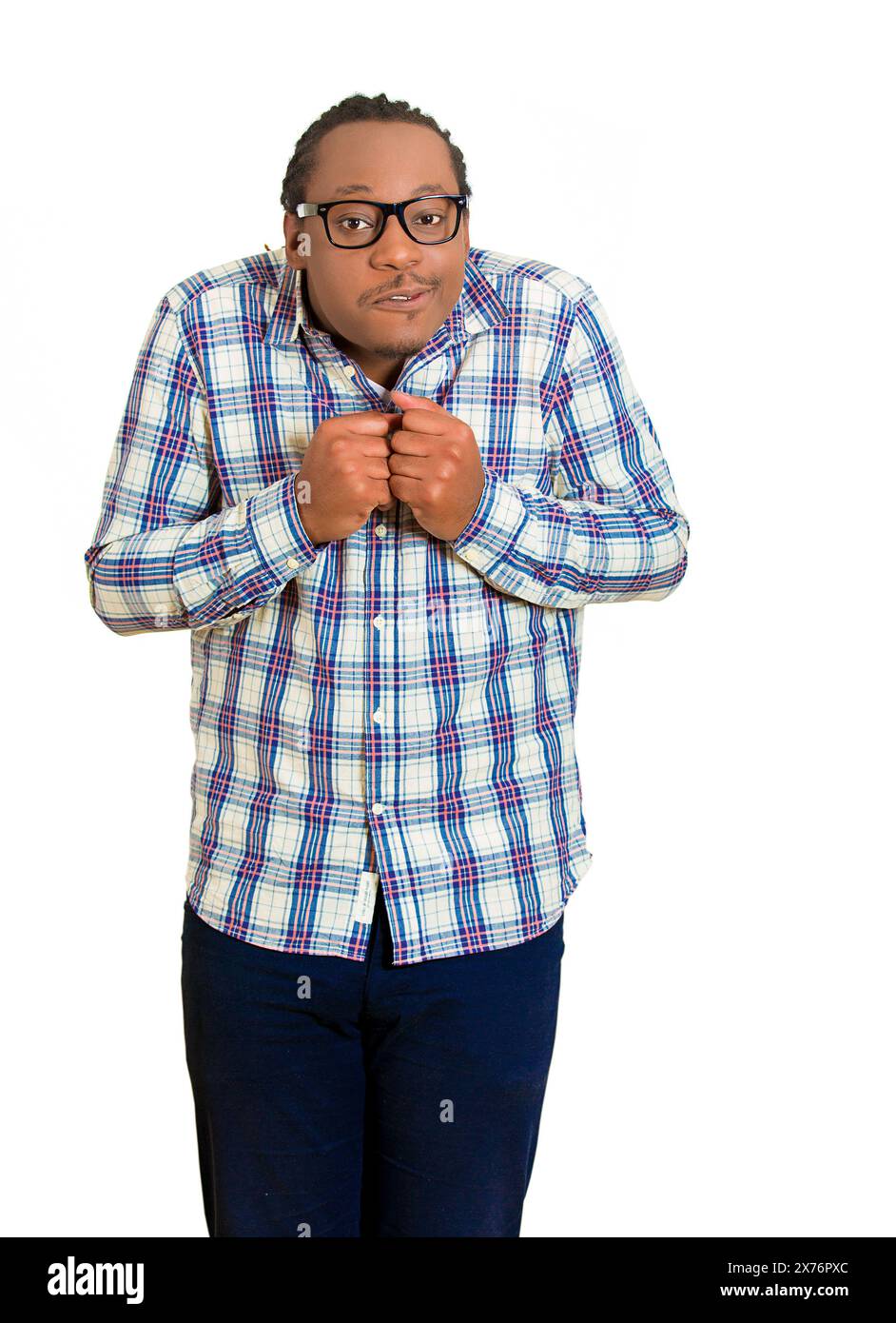 Nervous stressed young man student feels awkward looking sideway ...