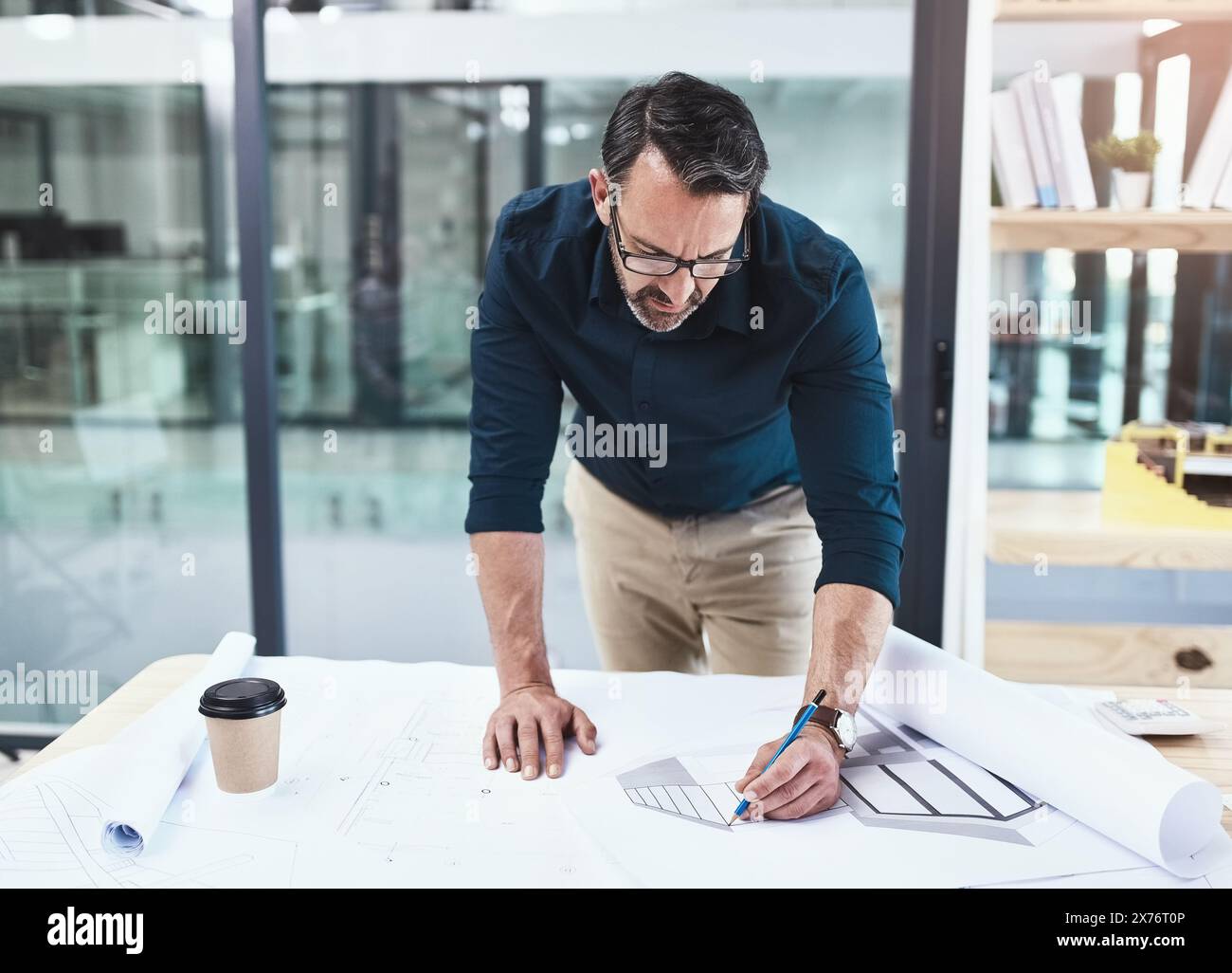 Architecture, blueprint and man in office, thinking and building ...