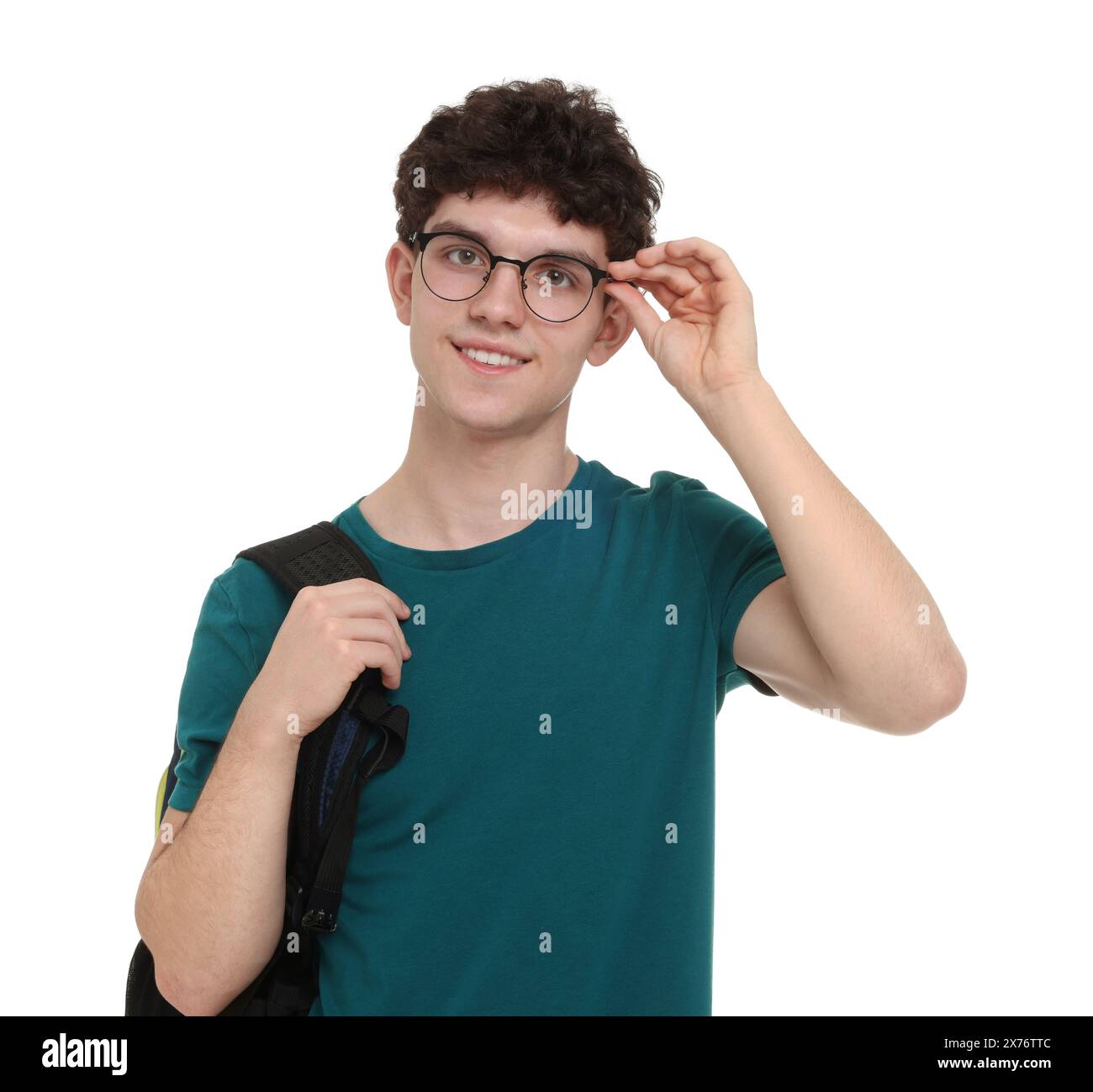 Portrait of student with backpack on white background Stock Photo - Alamy