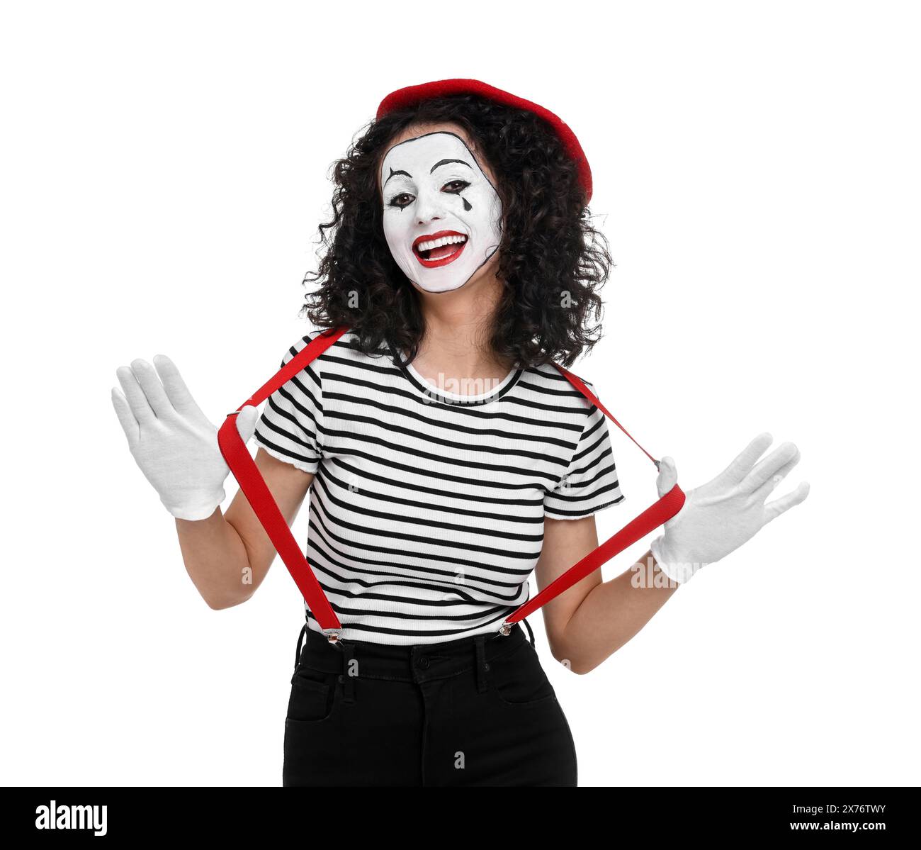 Funny mime with beret posing on white background Stock Photo - Alamy