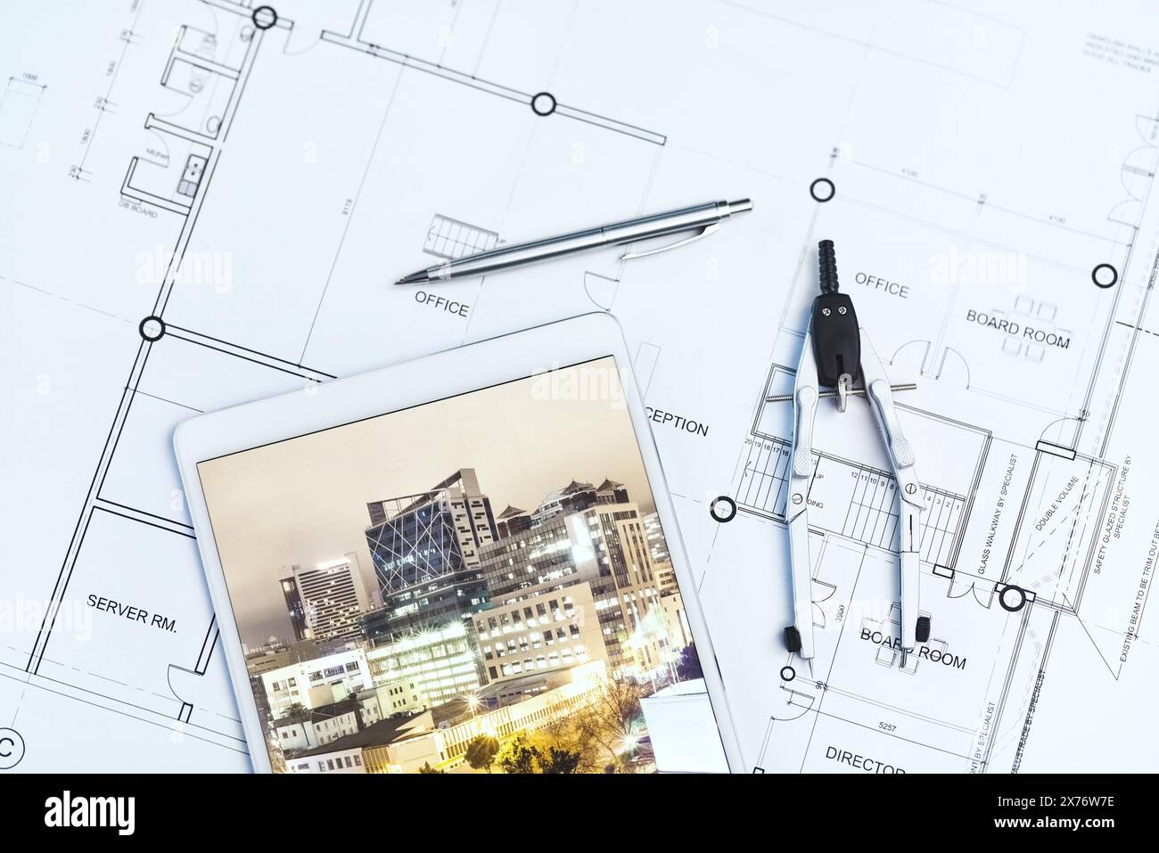 Architecture, floor plan and tablet or drawing top view for ...