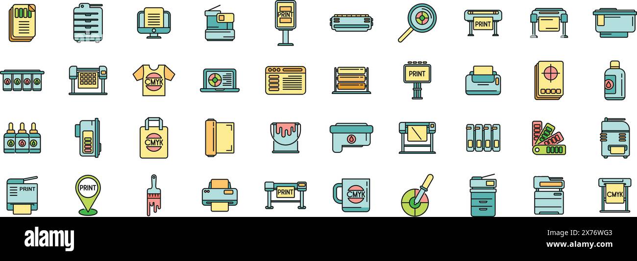 Digital printing icons set outline vector. Computer printer. Paper digital thin line color flat ...