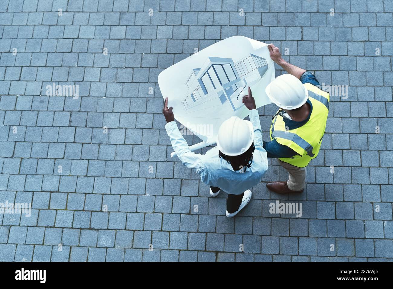 Team, architect and man with blueprint of above building design for ...