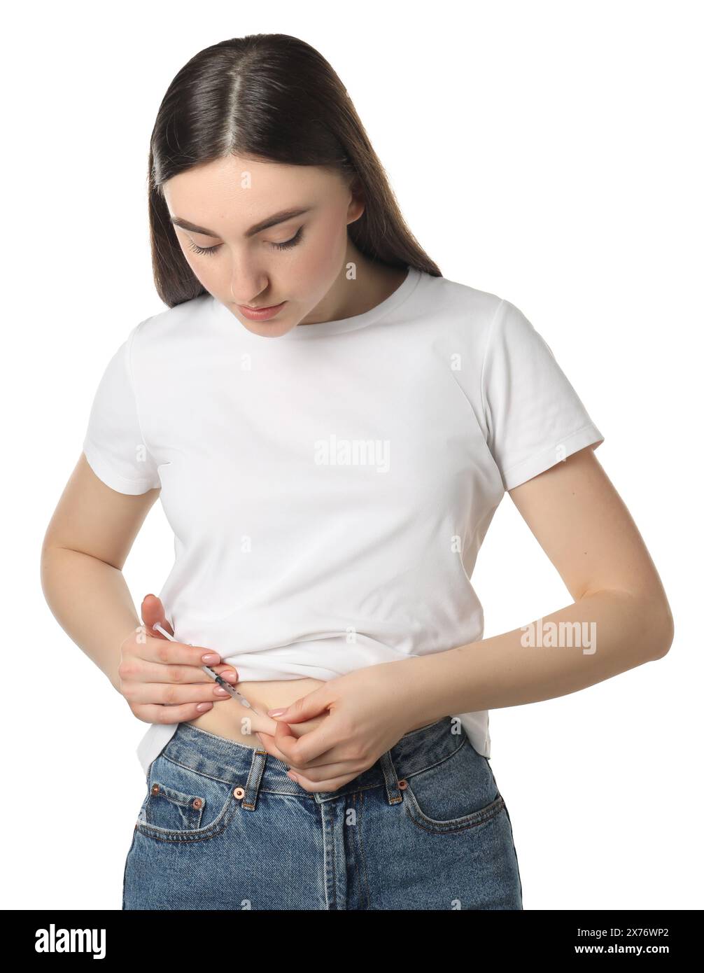 Diabetes. Woman making insulin injection into her belly on white ...