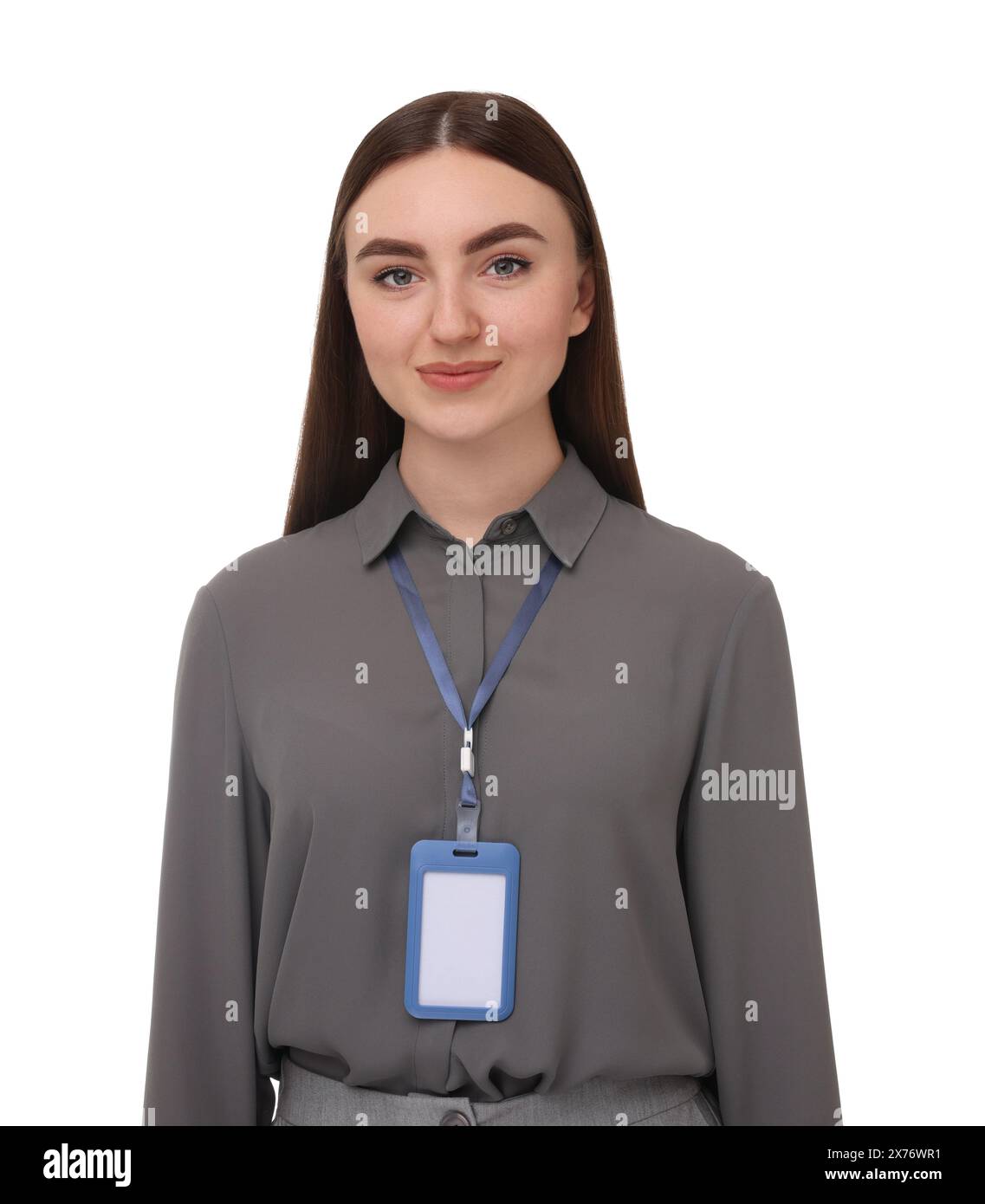 Happy woman with blank badge on white background Stock Photo - Alamy