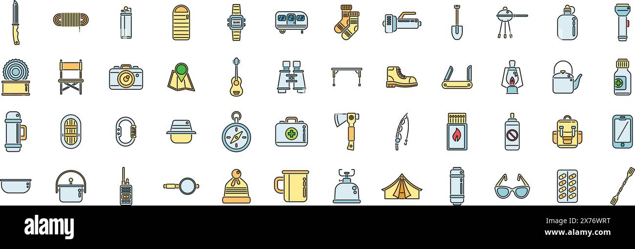 Equipment for hike icons set outline vector. Hiker backpack. Shoes ...