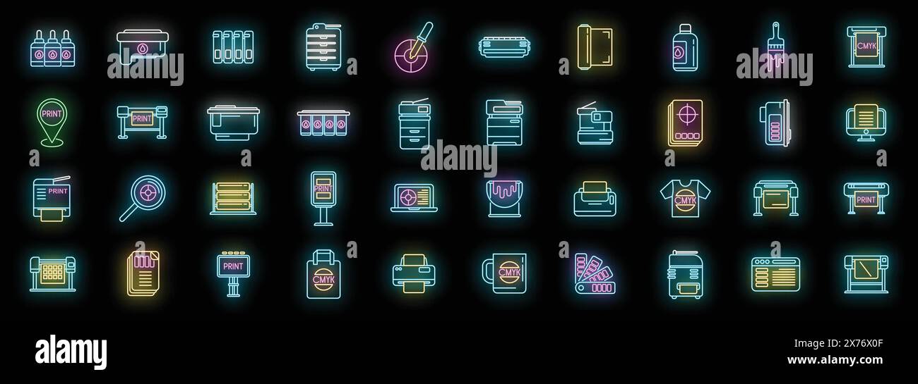 Digital printing icons set outline vector. Computer printer. Paper digital neon color on black ...