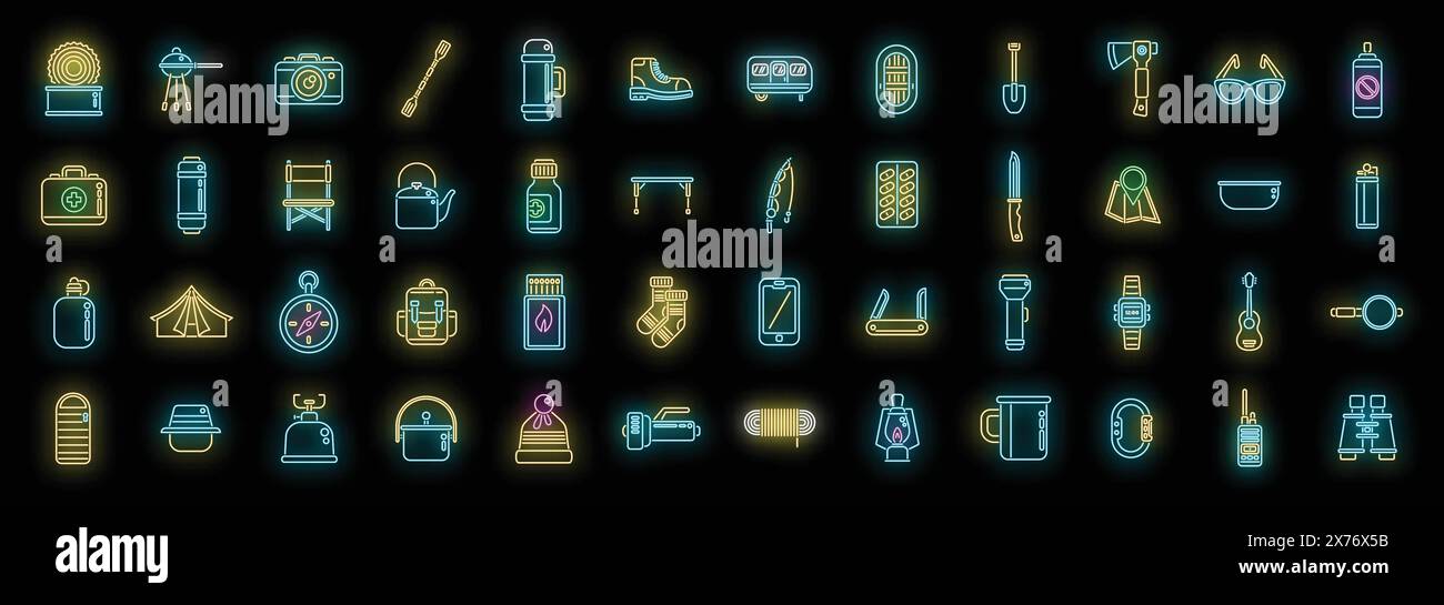 Equipment for hike icons set outline vector. Hiker backpack. Shoes ...