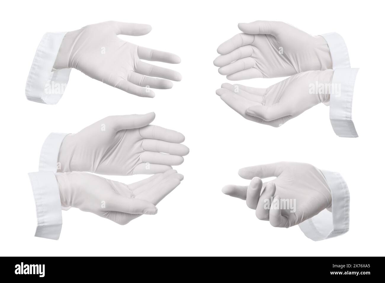 Doctor wearing medical gloves on white background, closeup. Collage of ...