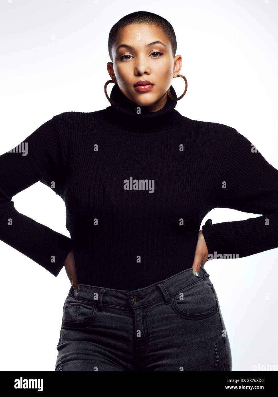 Portrait, knitwear and African woman in studio for confidence, warm ...