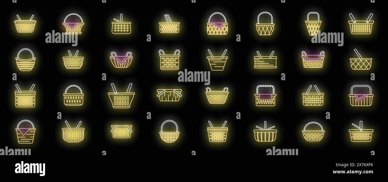 Picnic basket icons set outline vector. Fruit hamper. Food wicker neon ...