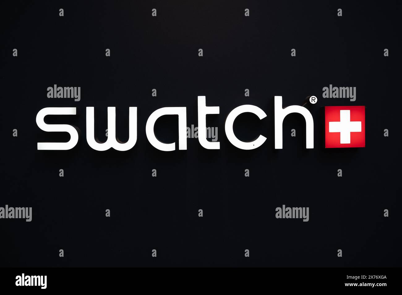 HONG KONG, CHINA - DECEMBER 06, 2023: close up shot of Swatch sign as ...