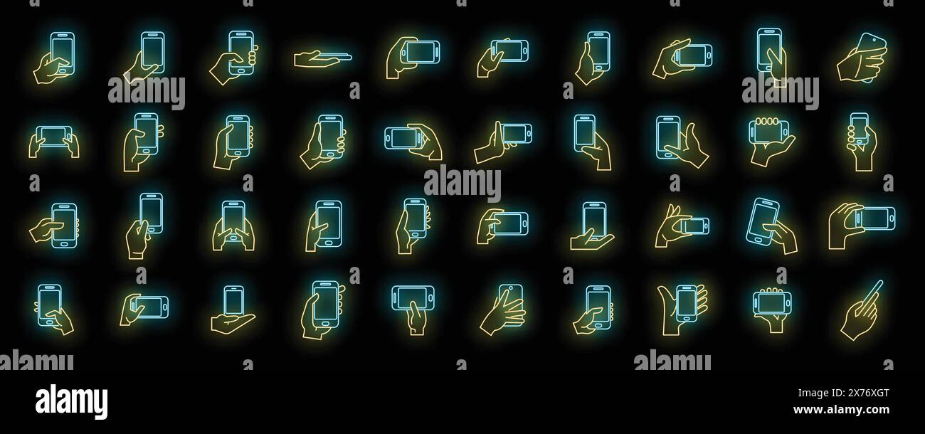Hand holding phone icons set outline vector. Mobile chat. Hand ...