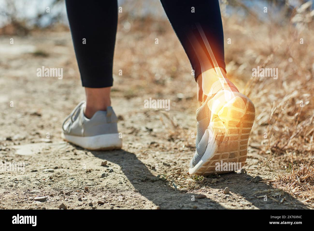 Back, fitness and running with ankle injury of person outdoor in nature ...