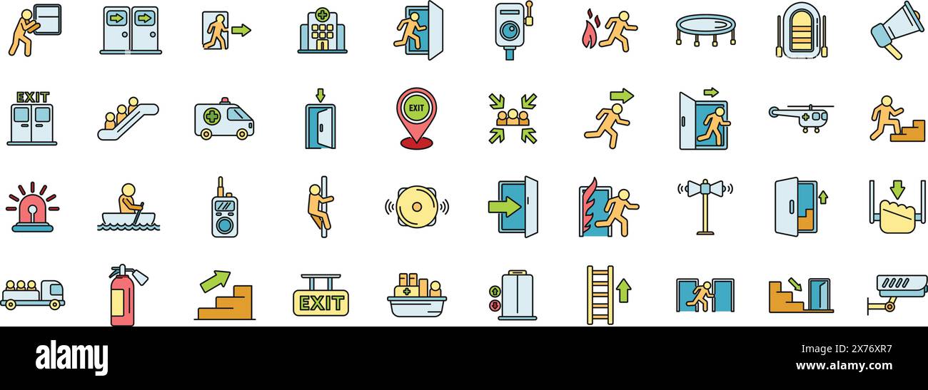 Human Evacuation Icons Set Outline Vector Emergency Exit Escape Door Thin Line Color Flat On