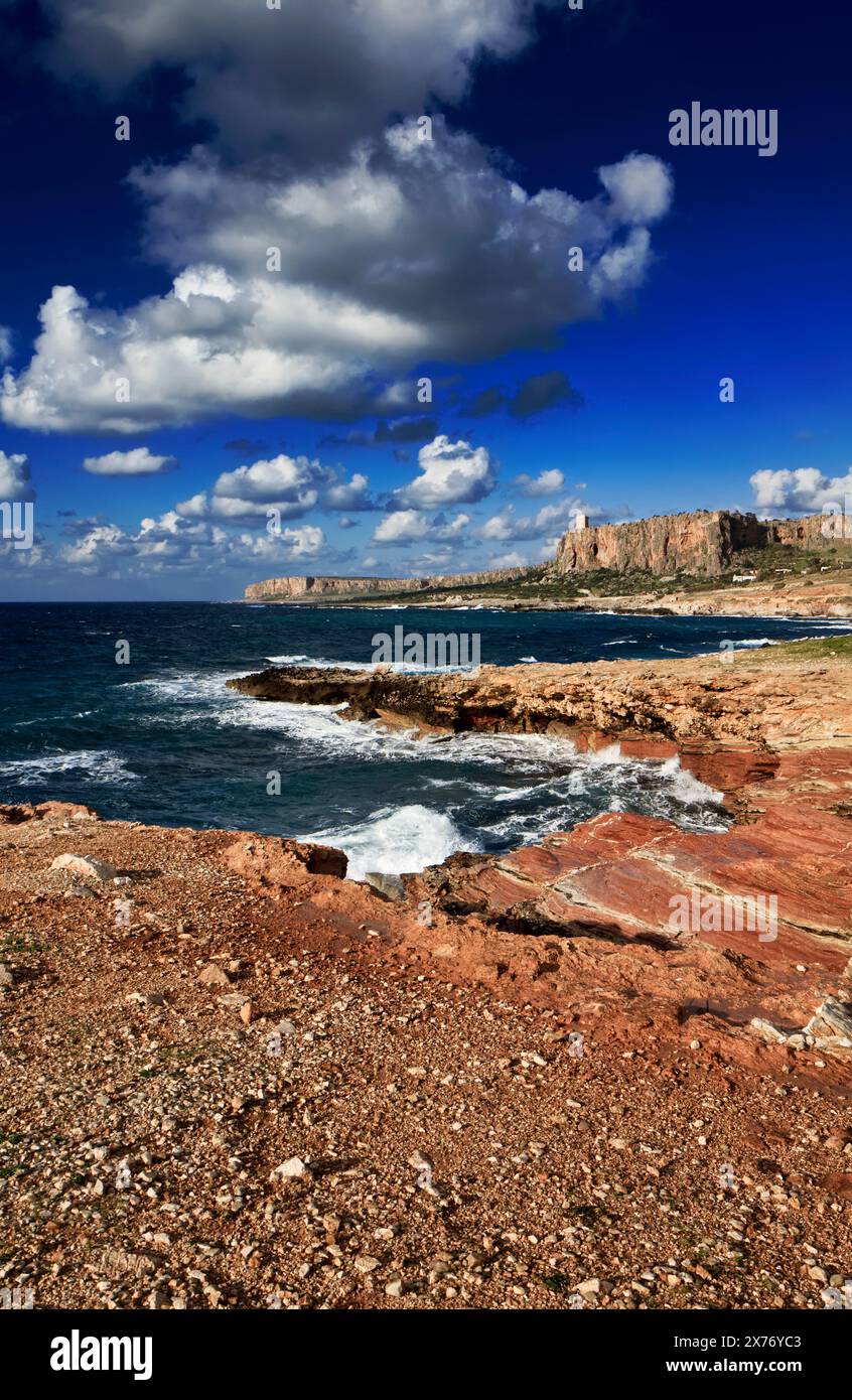 Italy, Sicily, Tyrrhenian Sea, view of the rocky coastline near S.Vito ...