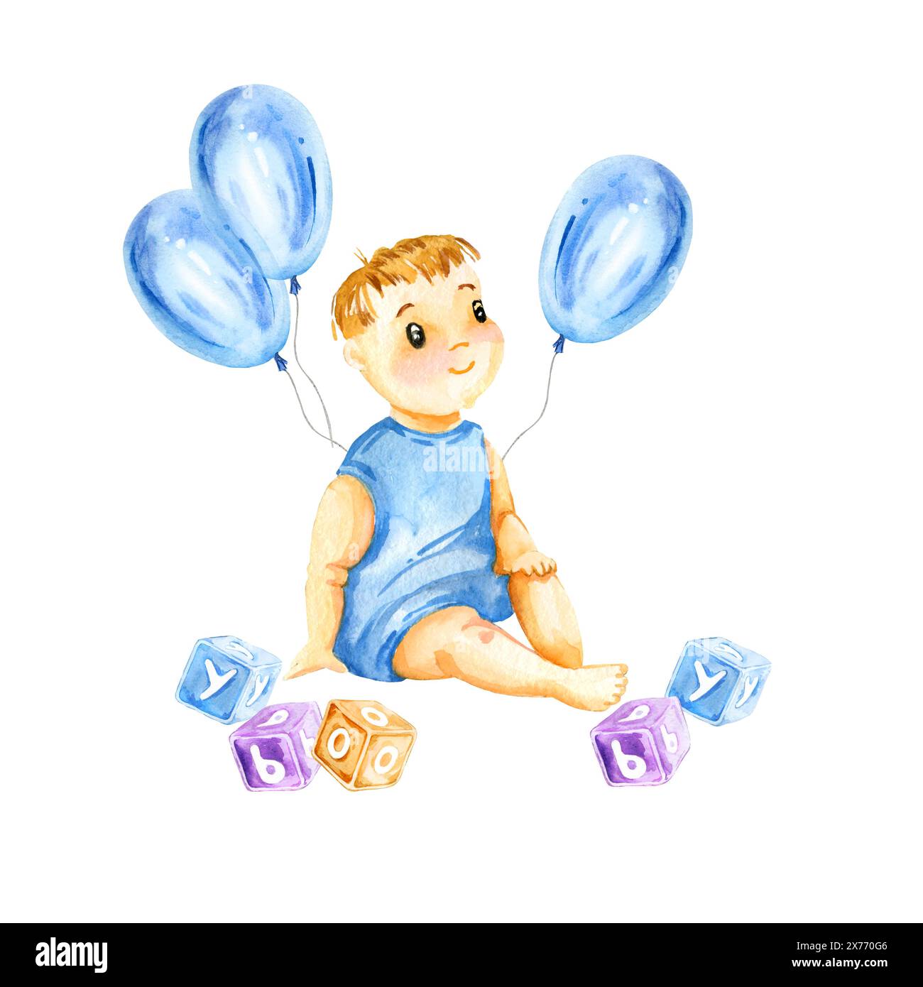 watercolor cute sitting baby boy wearing in blue clothes and shiny blue ...