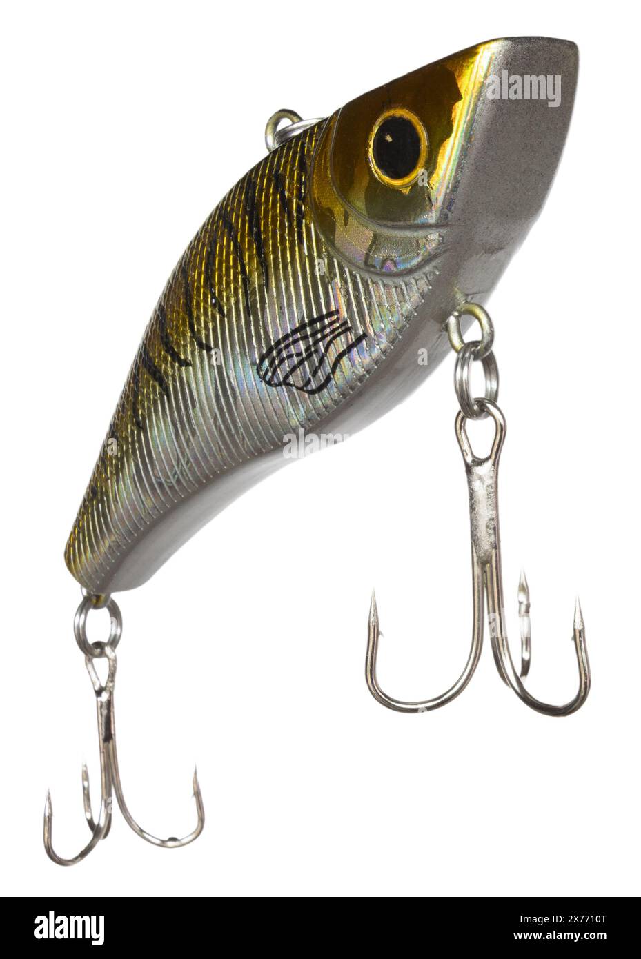 Artificial bait for fishing that has yellow and brown color and two ...