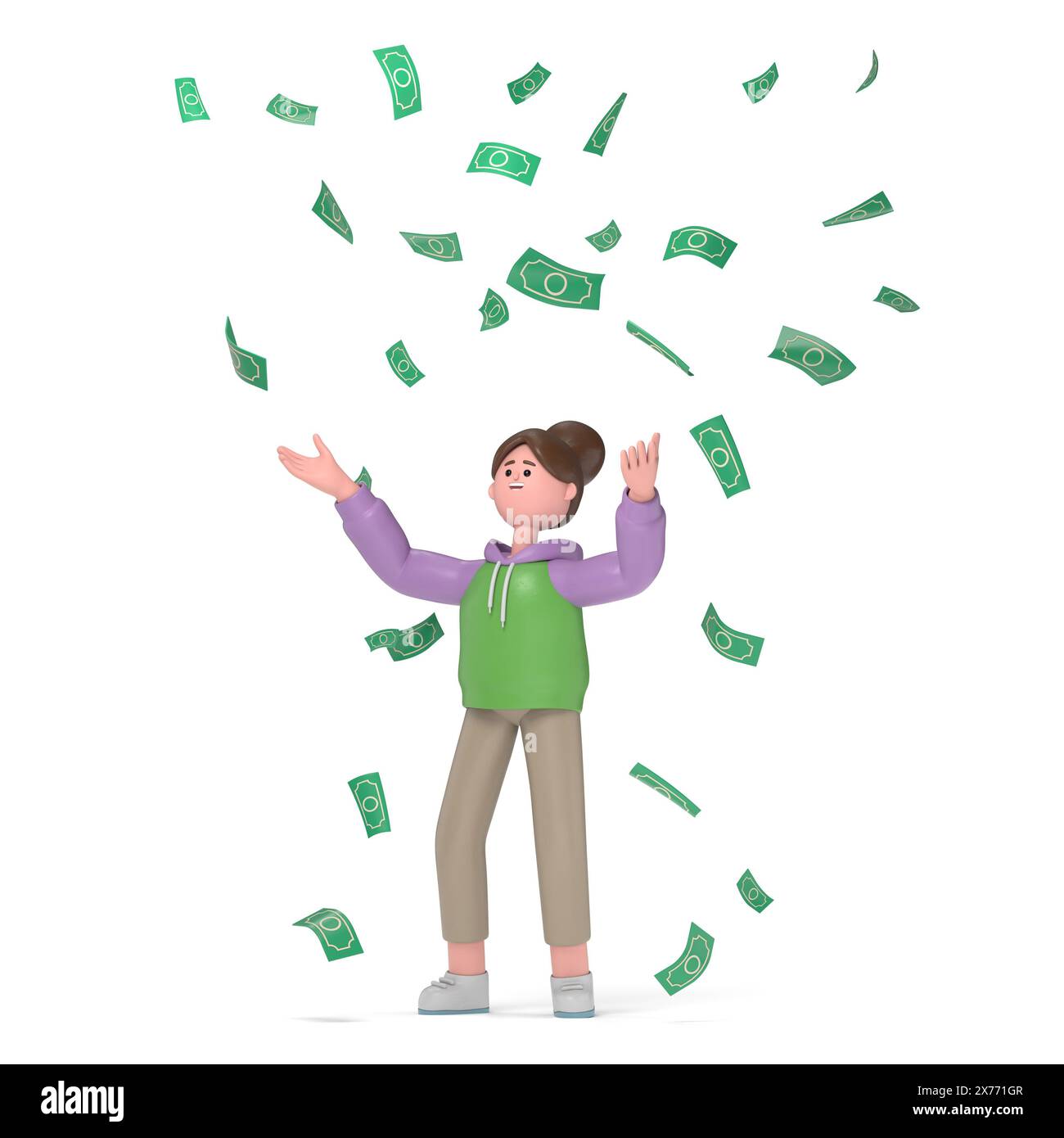 3D illustration of Asian girl Renae celebrates success standing under ...