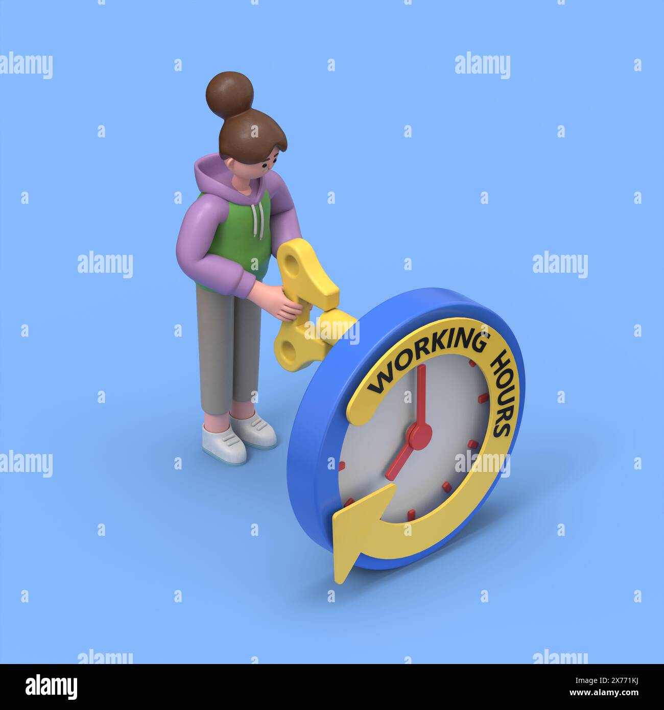 3D illustration of Asian girl Renae winds the clock with a key.3D ...