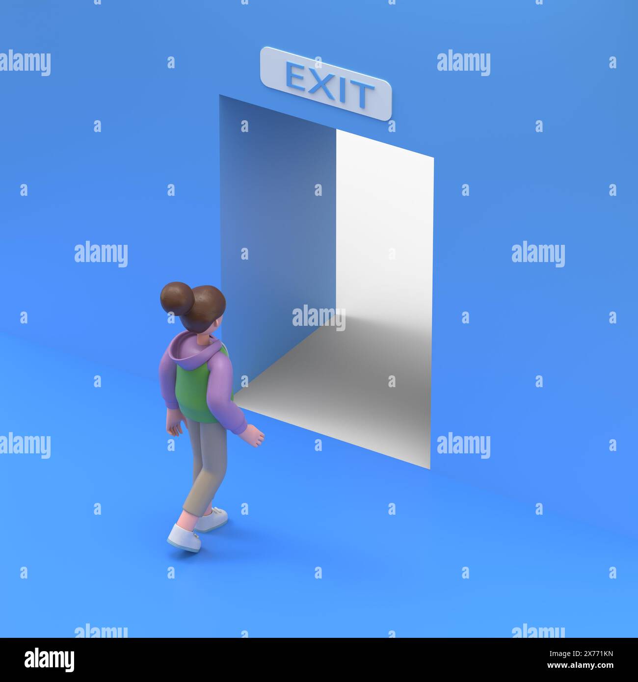 3D illustration of Asian girl Renae follows the indicated path to the ...