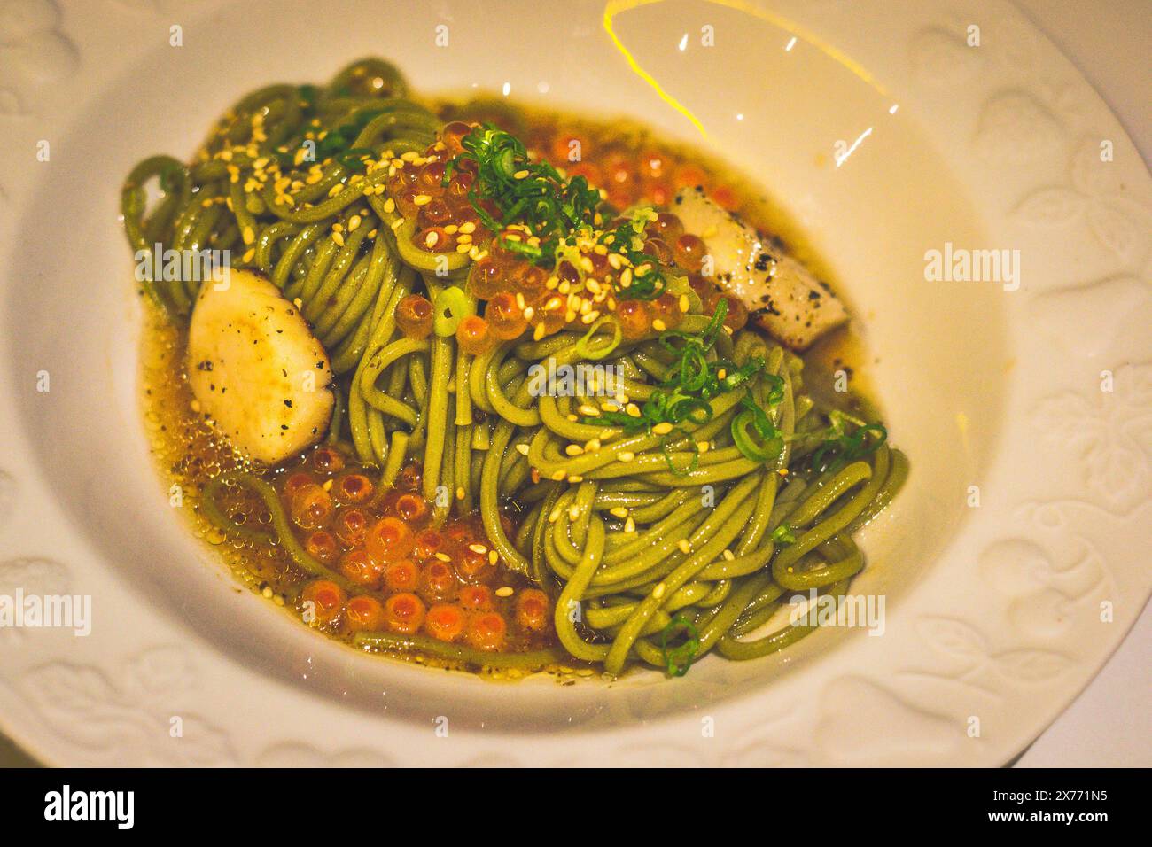 Ocha-infused Buckwheat Noodle Soba with Scallops and Truffle Sauce in a ...