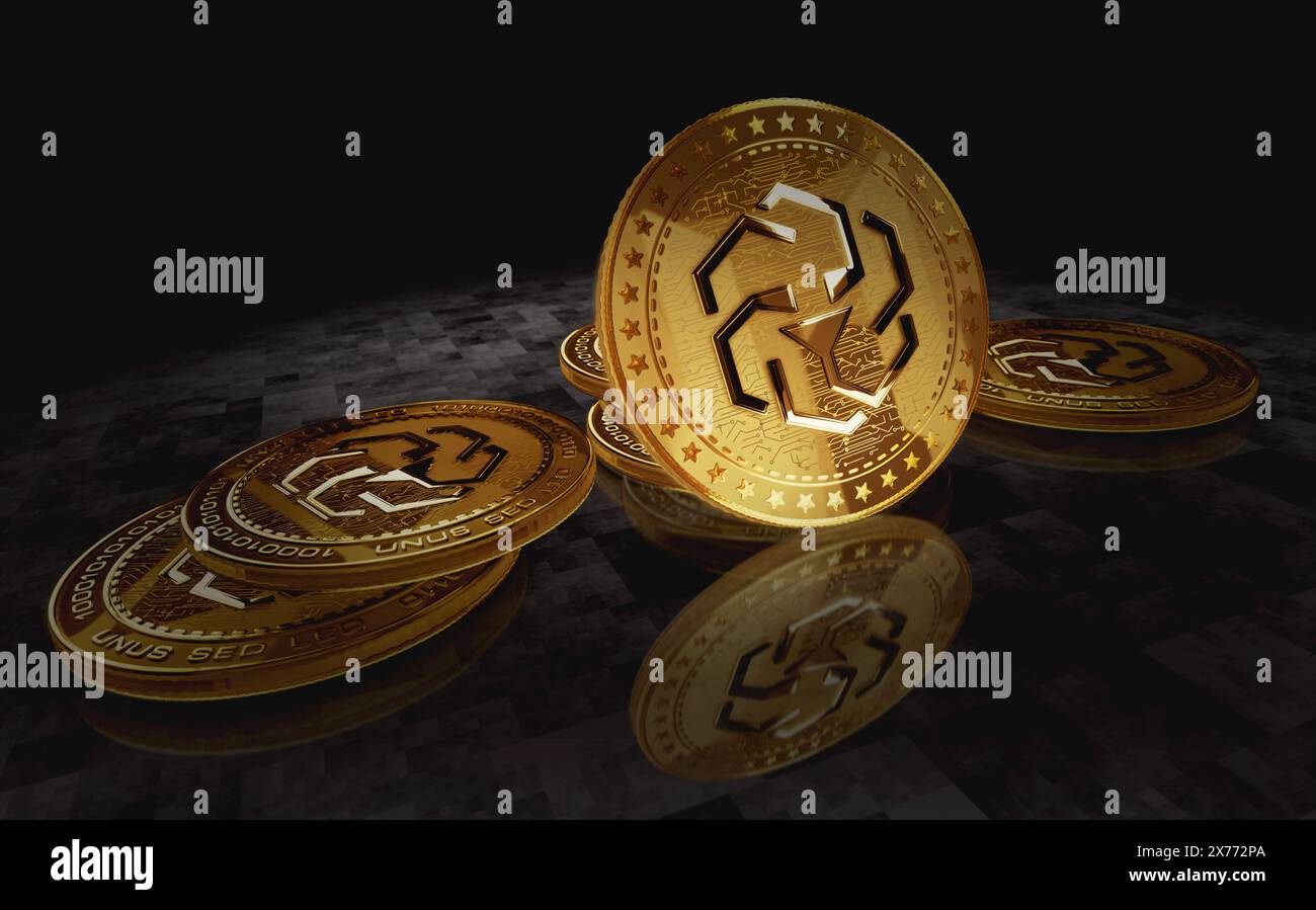 UNUS SED LEO cryptocurrency gold coin on green screen background ...