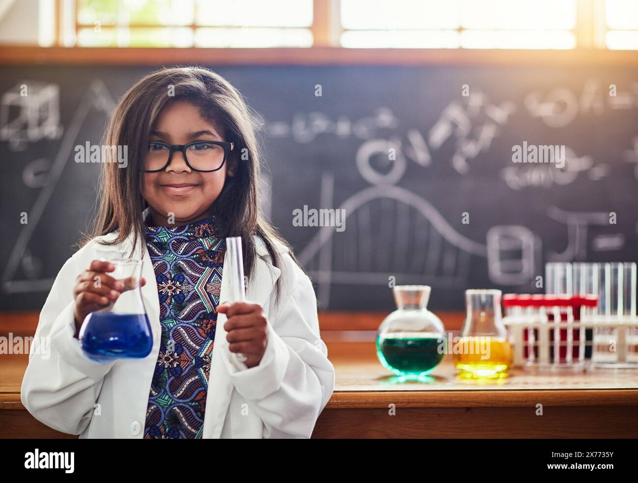 Child, classroom and science beaker for learning, education and test ...