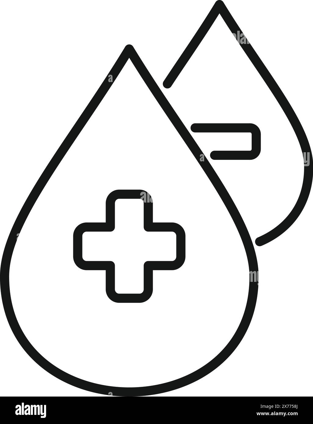 Simple line art icon illustrating two blood drops, one with a positive ...