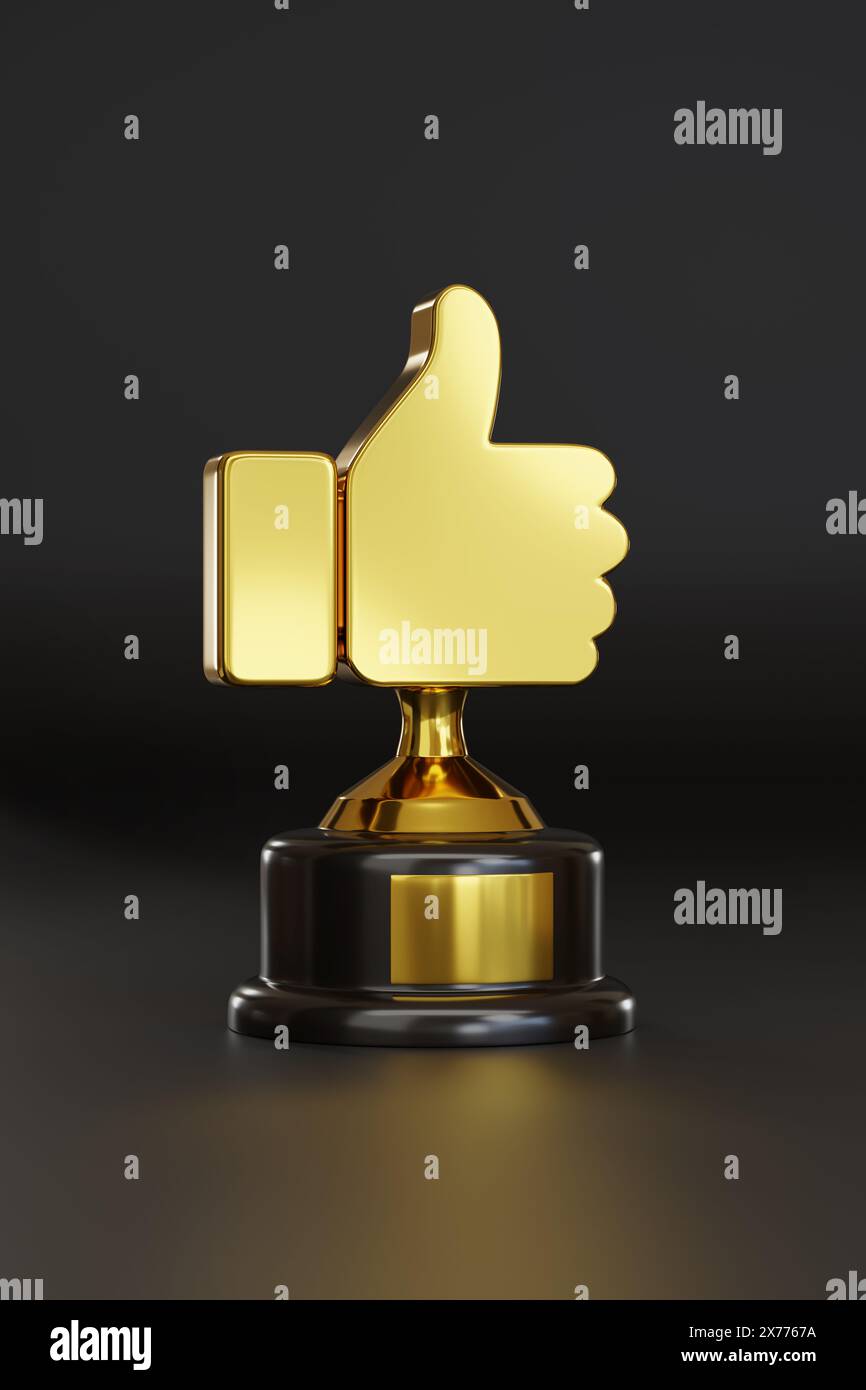 Golden thumbs up trophy isolated on black background. 3d illustration ...