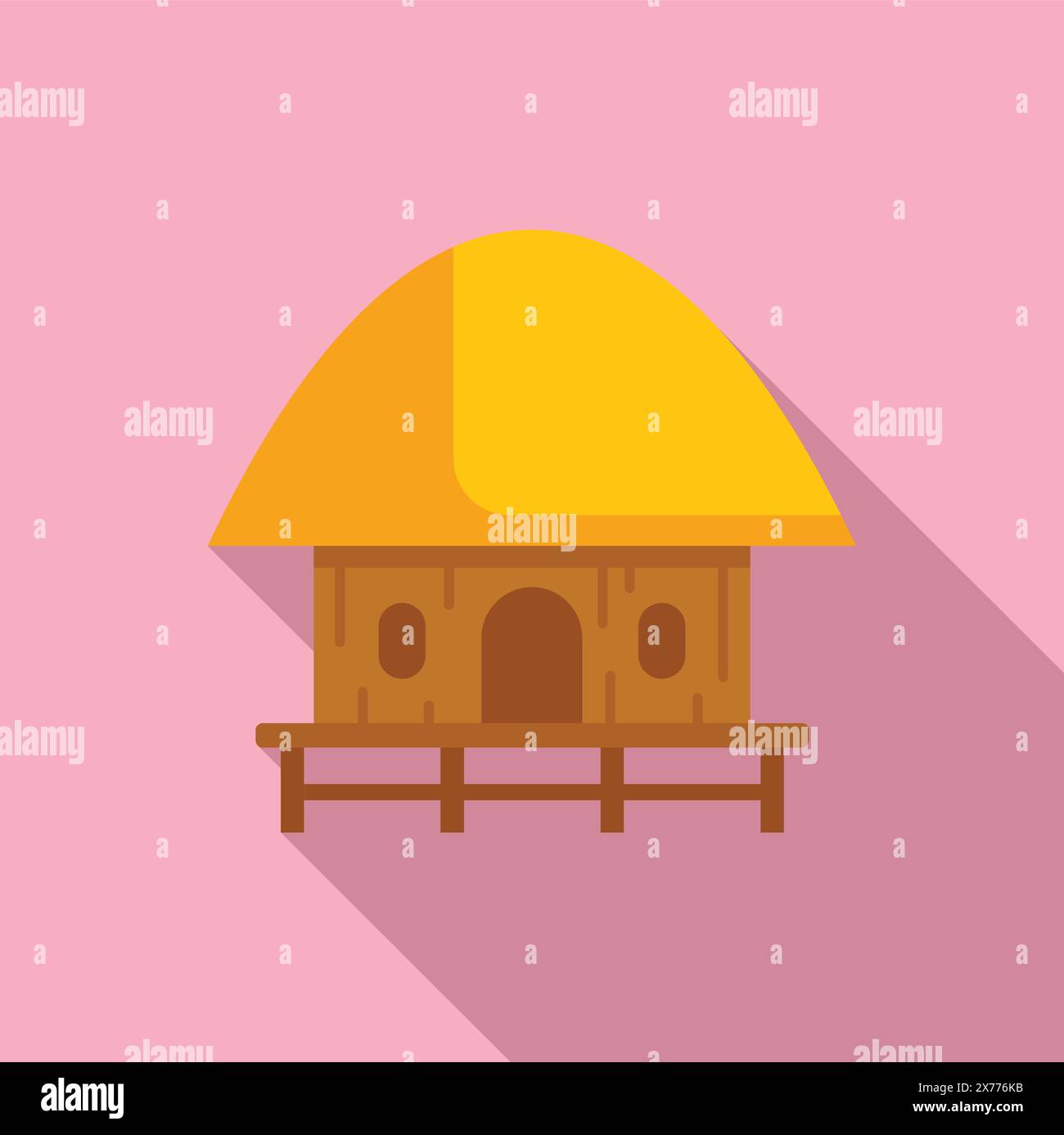Vibrant flat design of a straw hut with a yellow roof on a soft pink ...