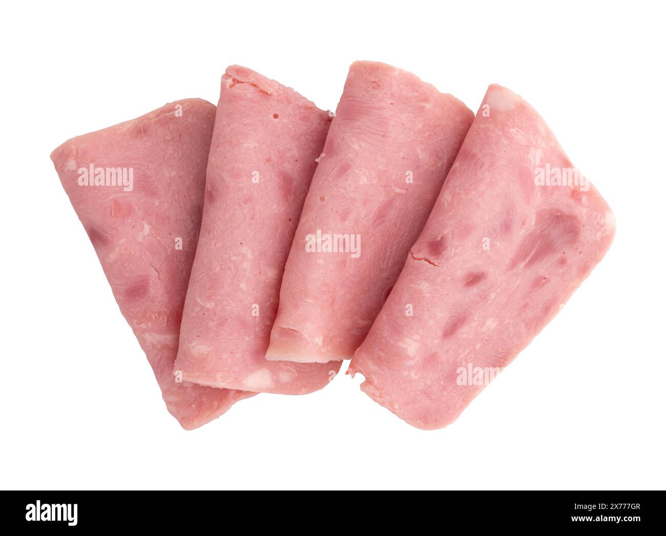folded slices of boiled ham sausage isolated on white background with ...