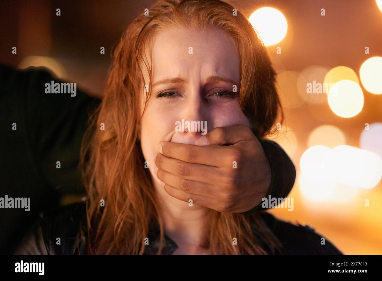 Portrait, woman and criminal with hand on mouth for violence, scared ...