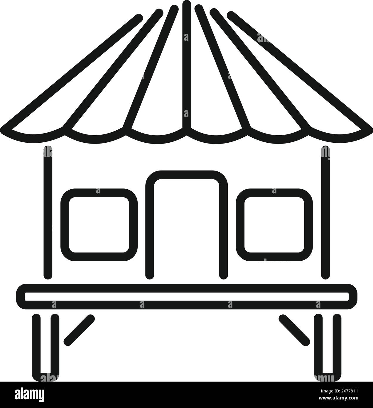 Black line vector illustration of a simple market stall with striped ...