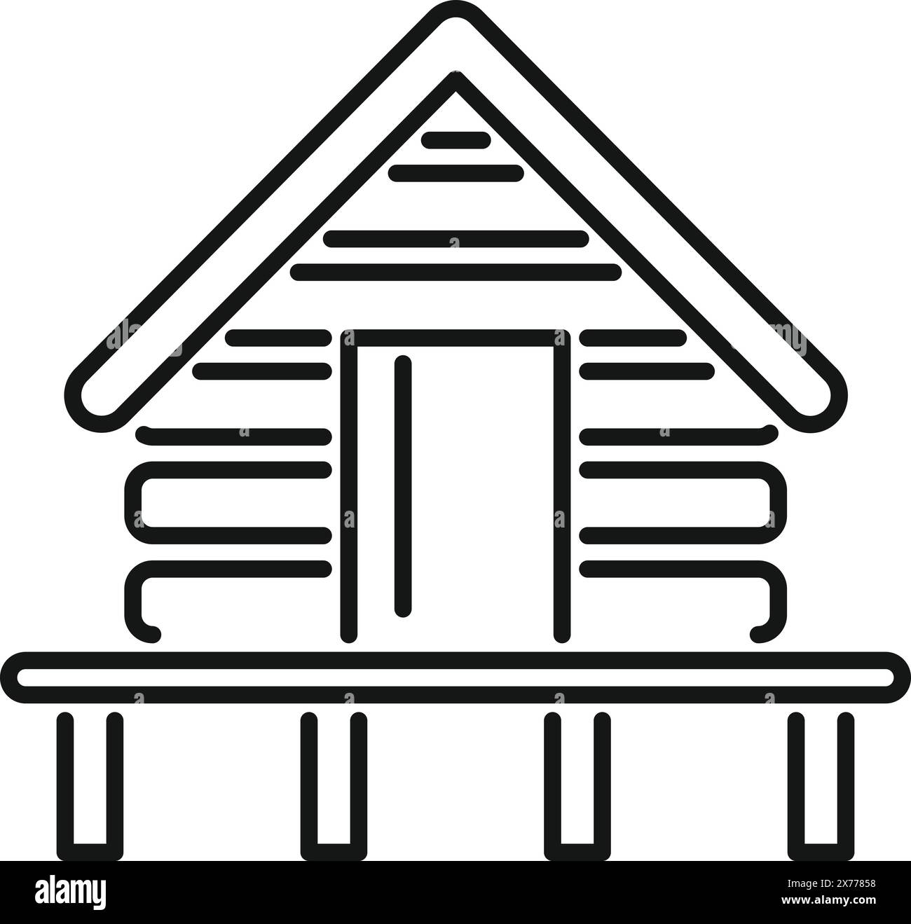 Minimalist black and white line drawing of a traditional log cabin ...