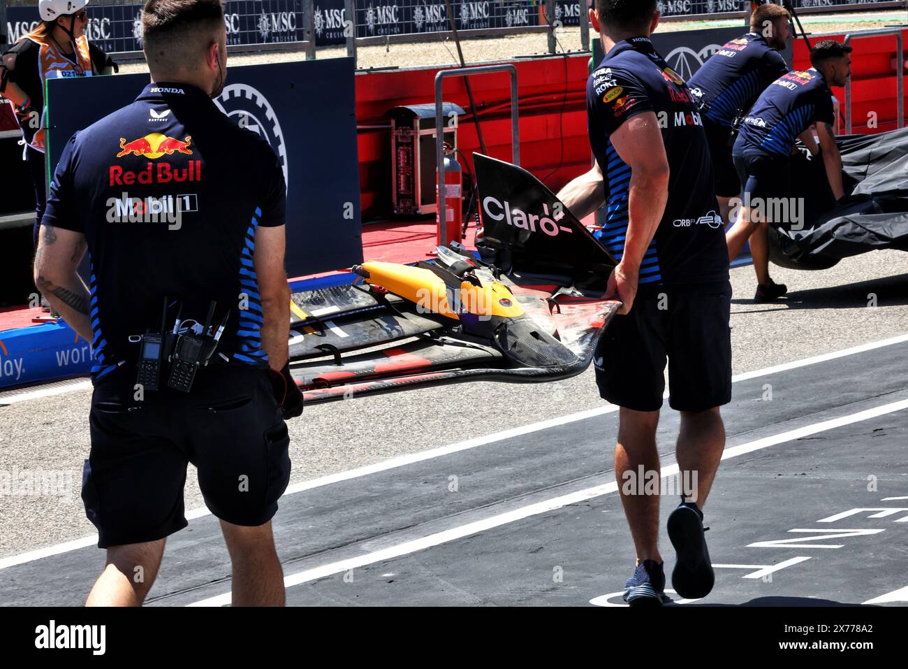 Imola, Italy. 18th May, 2024. Damaged Red Bull Racing RB20 front wing ...
